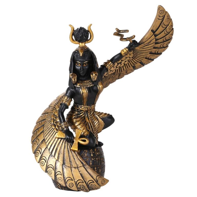 Isis Wings Spread with Ankh & Scepter Gold & Black Statue - The Zen Shop